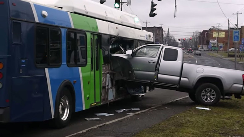 Moment truck violently smashed into bus captured by onboard cameras ...